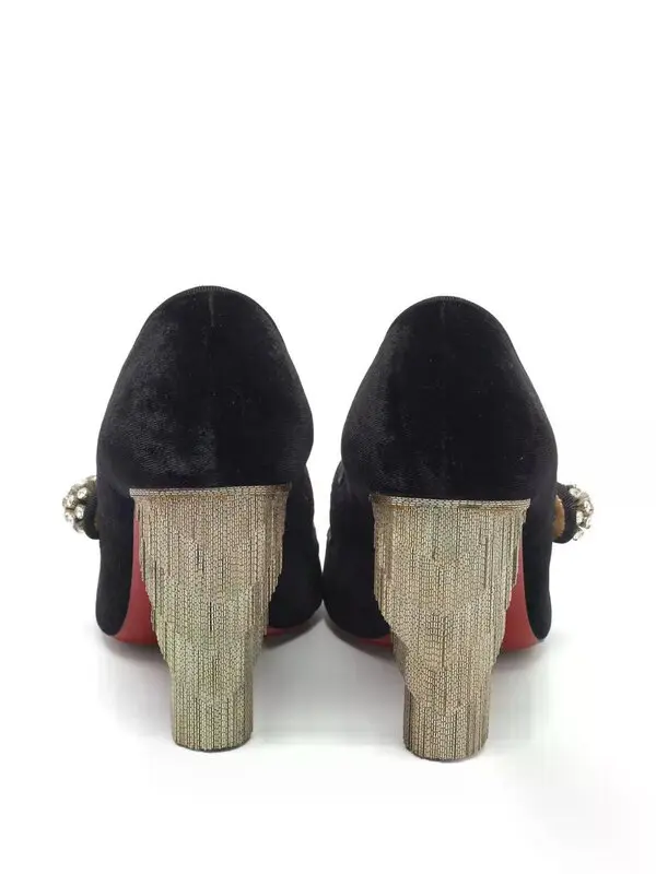 CHRISTIAN LOUBOUTIN Velvet Mary Jane Pumps With Crystal Embellishment And Tiered Metallic Fringe