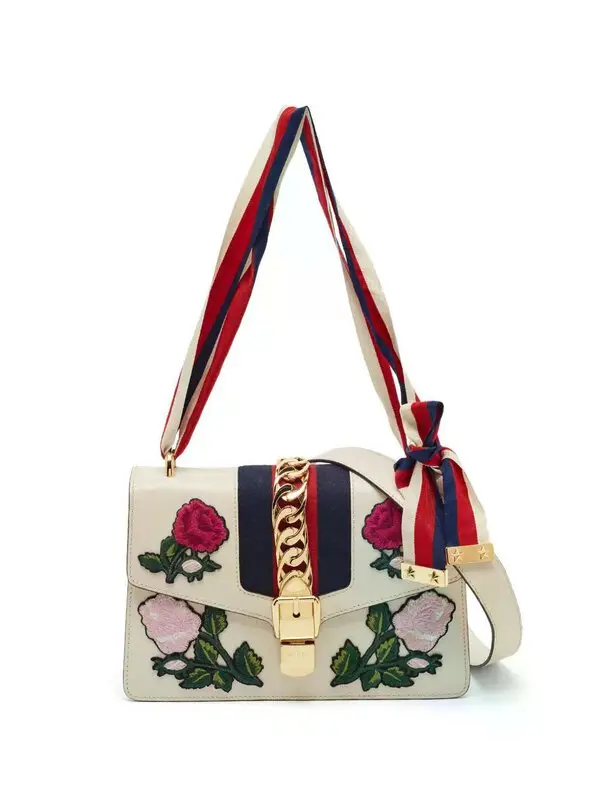 Gucci Sylvie Floral Embroidered Shoulder Bag - Neutrals