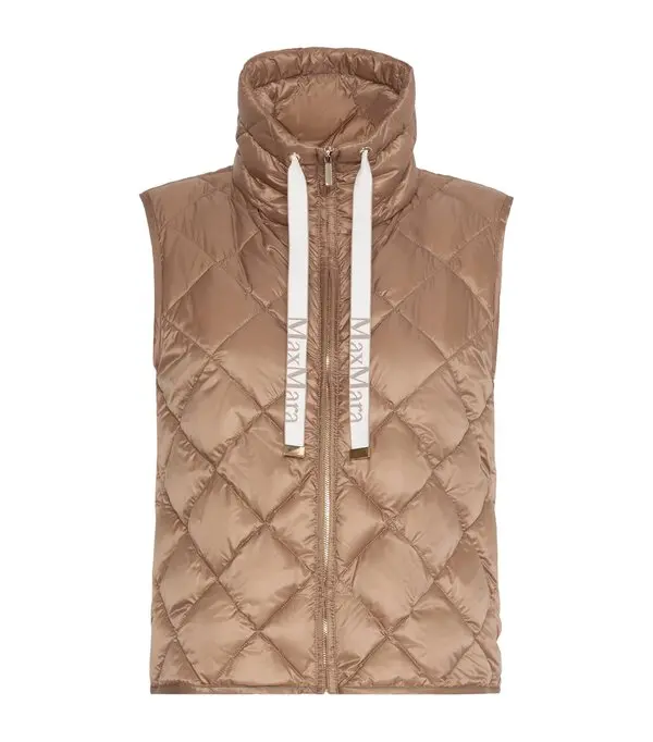Max Mara Down-filled Diamond Quilted Puffer Gilet With Logo Drawstrings - Beige