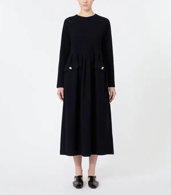 Max Mara Jersey Midi Dress With Decorative Pockets - Navy