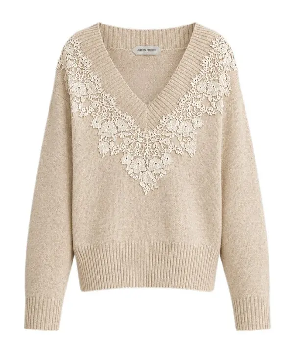 Alberta Ferretti Cashmere V-neck Sweater With Lace Inset