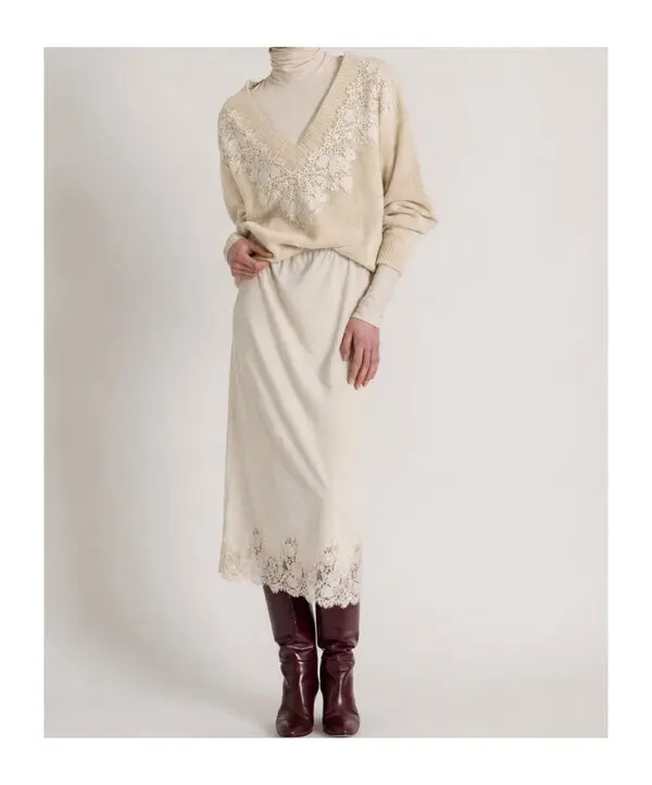 Alberta Ferretti Cashmere V-neck Sweater With Lace Inset