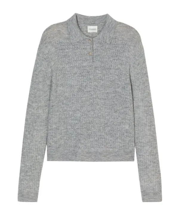 Closed Ribbed-knit Long-sleeve Polo Shirt