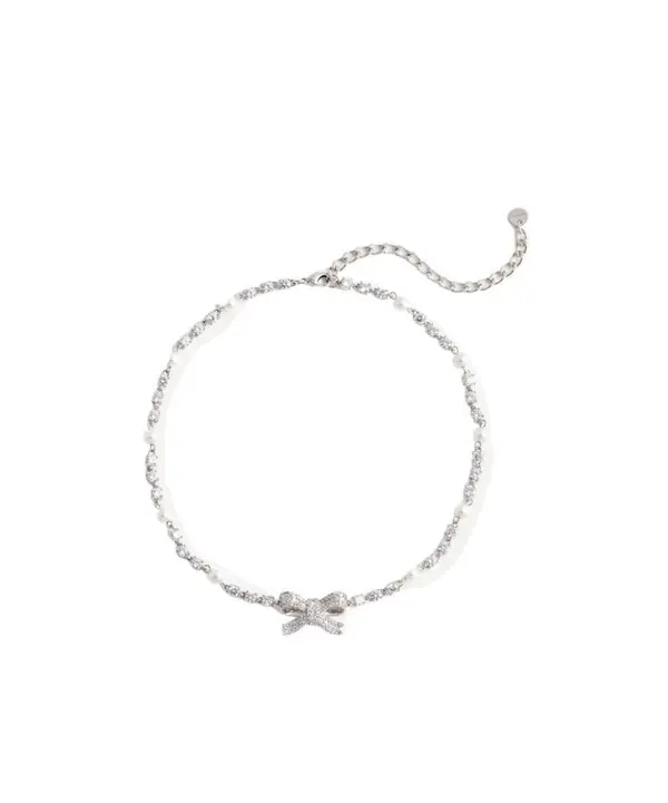 SELF-PORTRAIT Crystal Pearl Bow Necklace
