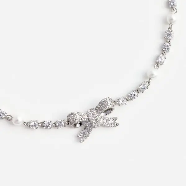 SELF-PORTRAIT Crystal Pearl Bow Necklace
