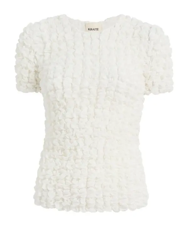 Khaite Polly Ruched Silk Chiffon Crewneck Top - Chalk
