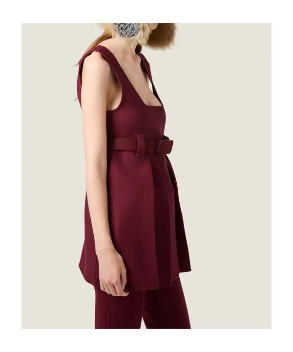 Miu Miu Sleeveless Belted Pleated Wool Dress