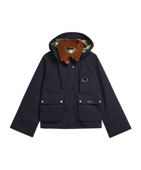 Barbour Detachable Hood Rain Jacket With Corduroy Collar - Deep Navy Blue