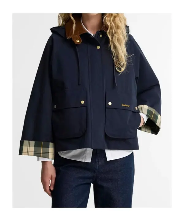 Barbour Detachable Hood Rain Jacket With Corduroy Collar - Deep Navy Blue