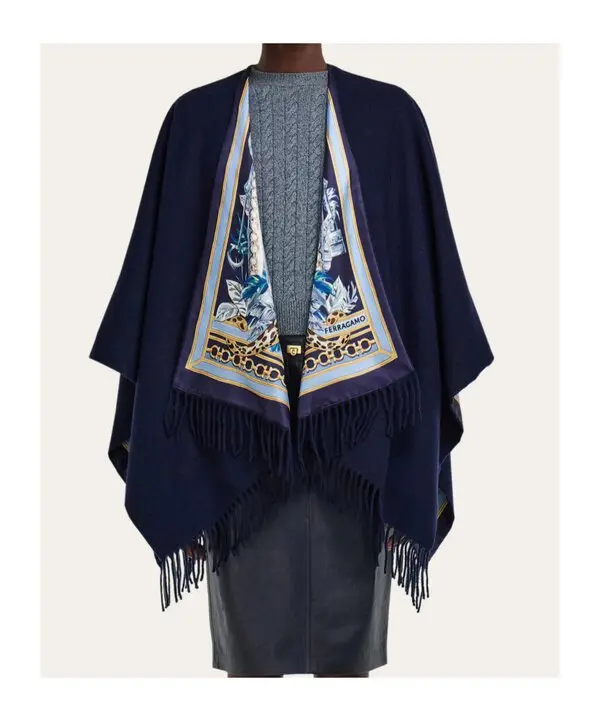 FERRAGAMO Feline Print Cashmere And Silk Reversible Cape