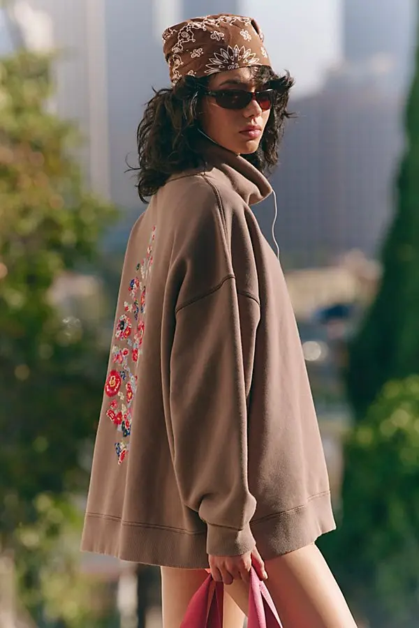 Free People A Cut Above Floral Logo Mock Neck Pullover Sweatshirt