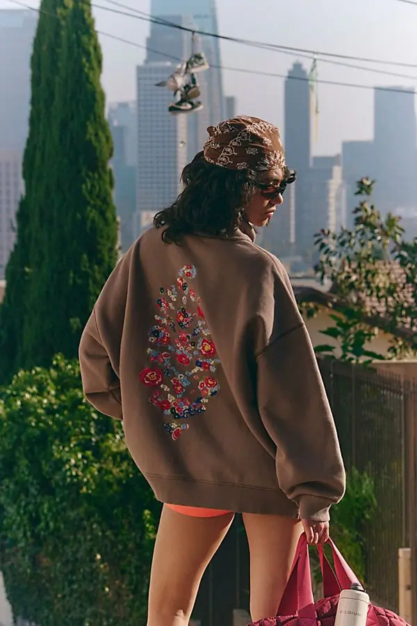 Free People Floral Logo Mock Neck Pullover Sweatshirt - Hickory