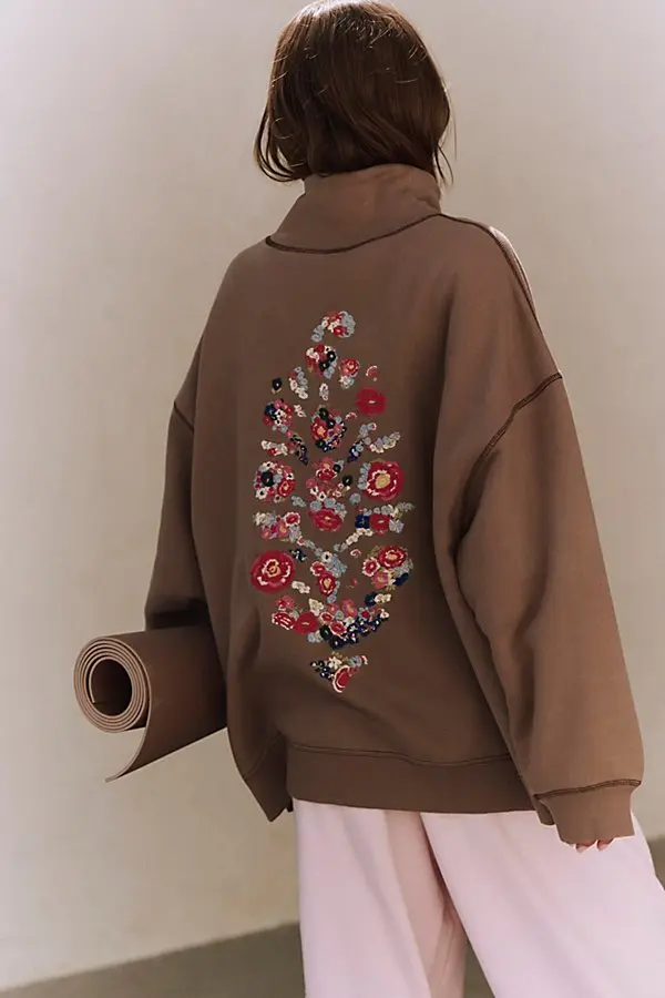 Free People Floral Logo Mock Neck Pullover Sweatshirt