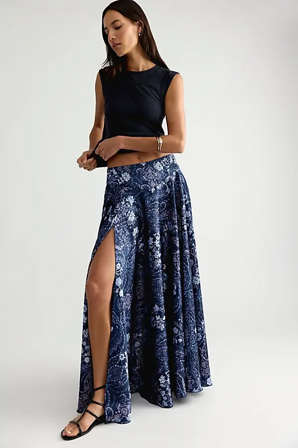 Free People Chilco Printed Maxi Skirt - Navy Combo