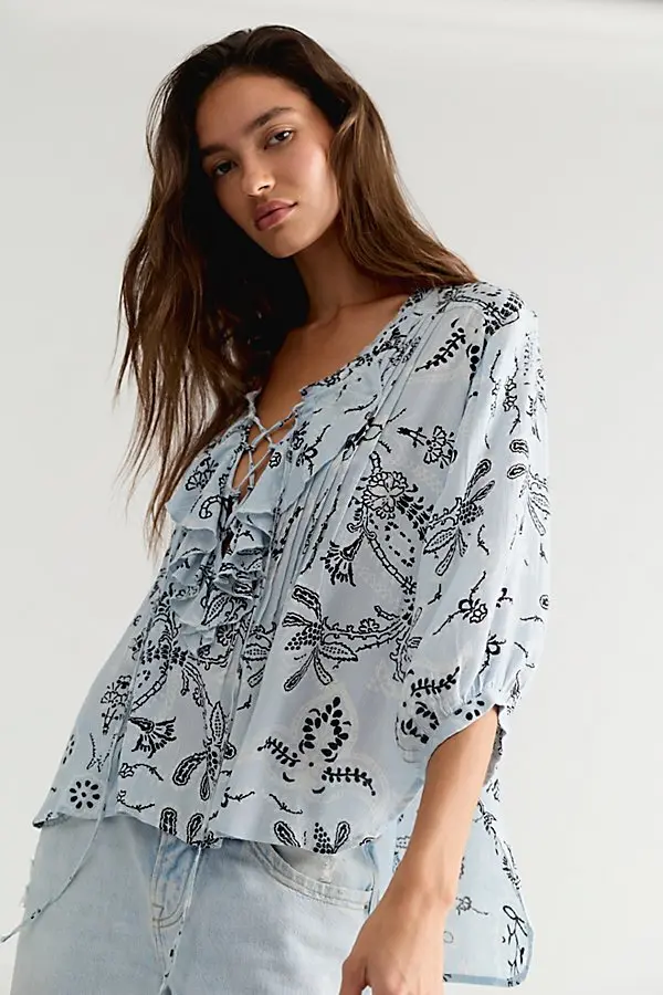 Free People Christelle Printed Top - Sky Combo