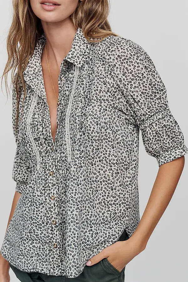PILCRO Tallulah 100% Cotton Double Puff Sleeve Blouse - Black Pattern