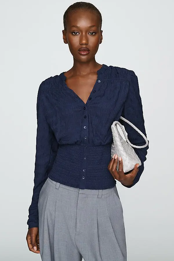 Maeve Shirred Long-sleeve Top - Navy