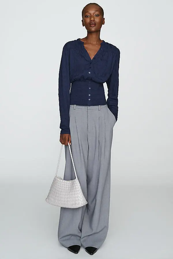 Maeve Shirred Long-sleeve Top - Navy
