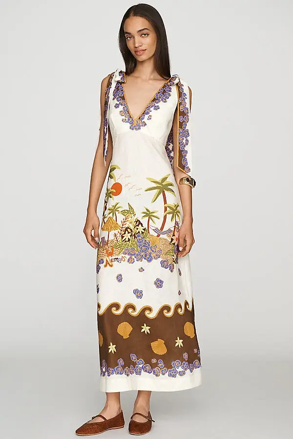 ALEMAIS Island Cove Linen Maxi Dress With Tropical Print