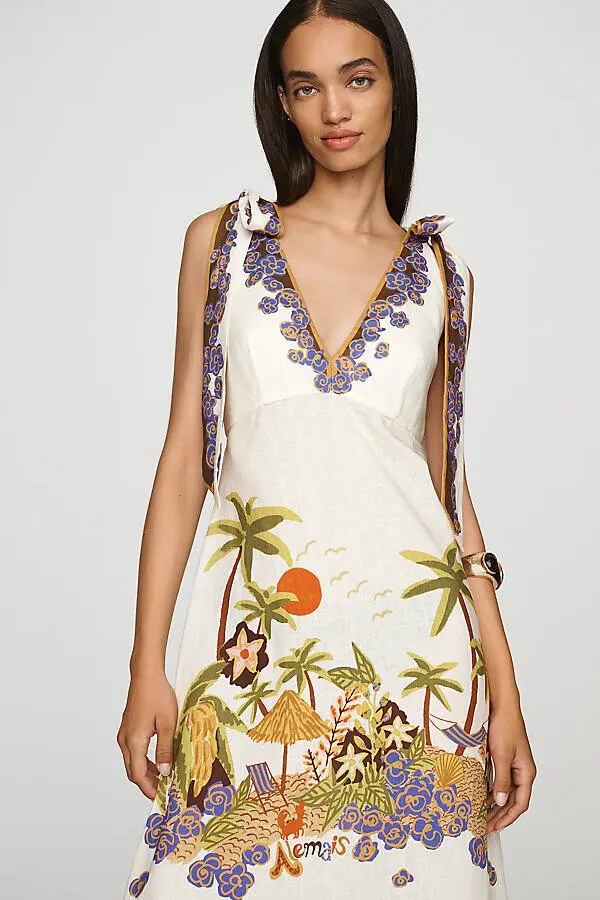 ALEMAIS Island Cove Linen Maxi Dress With Tropical Print