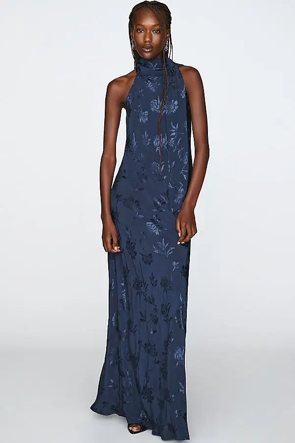 Anthropologie Jacquard Halter Midi Dress - Navy