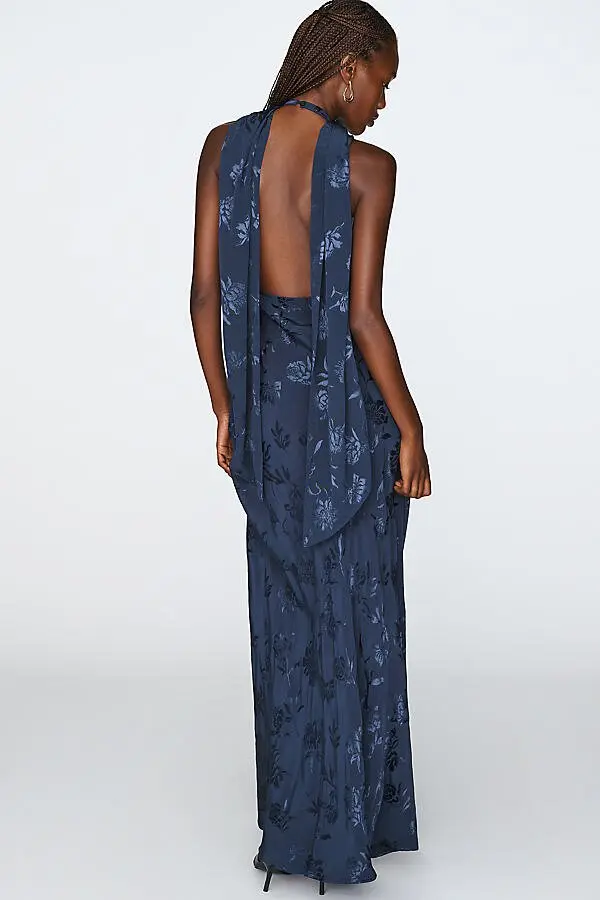 Anthropologie Jacquard Halter Midi Dress - Navy
