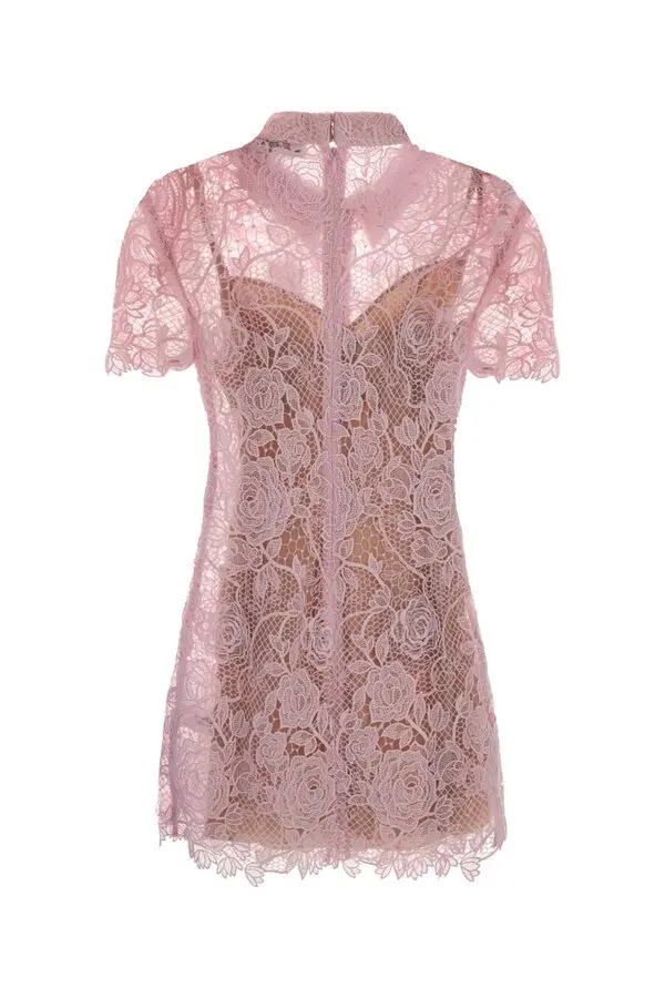 SELF-PORTRAIT Pink Lace Button Down Mini Dress