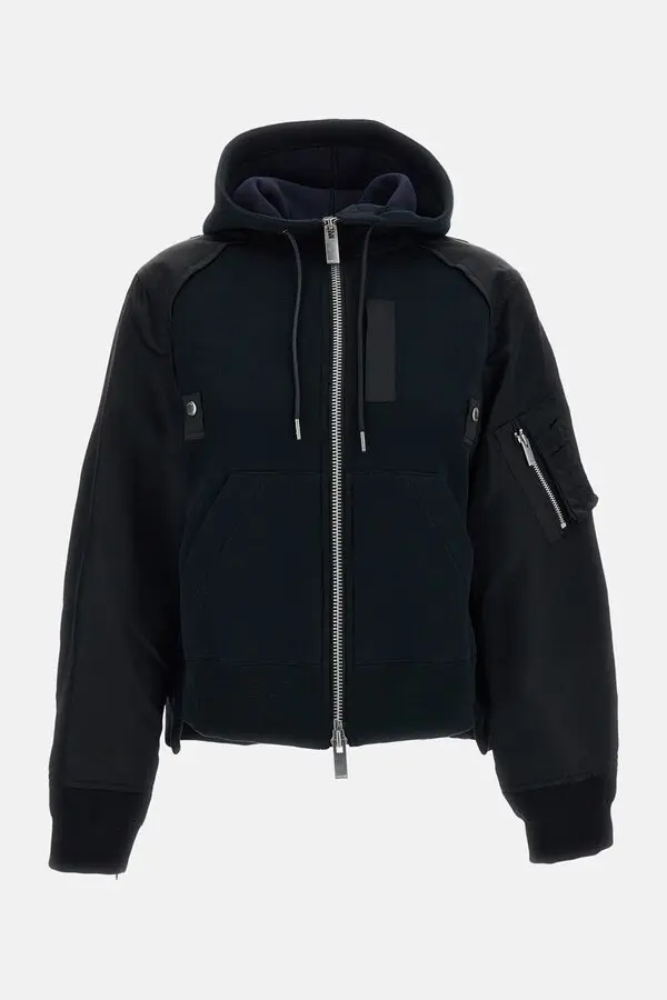 Sacai Hoodie In Sponge Sweat And Nylon Twill - Nero