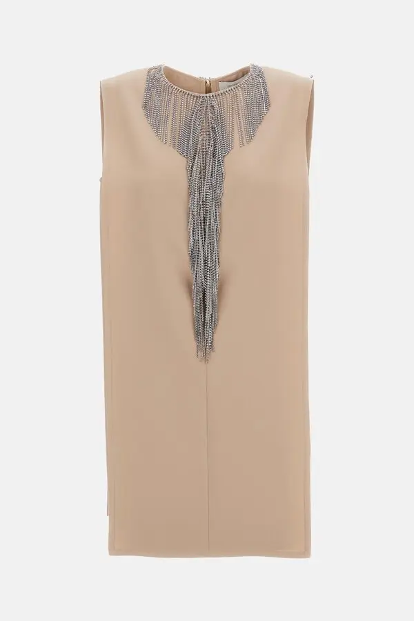Sportmax Mini Sleeveless Dress With Rhinestone Fringe - Beige