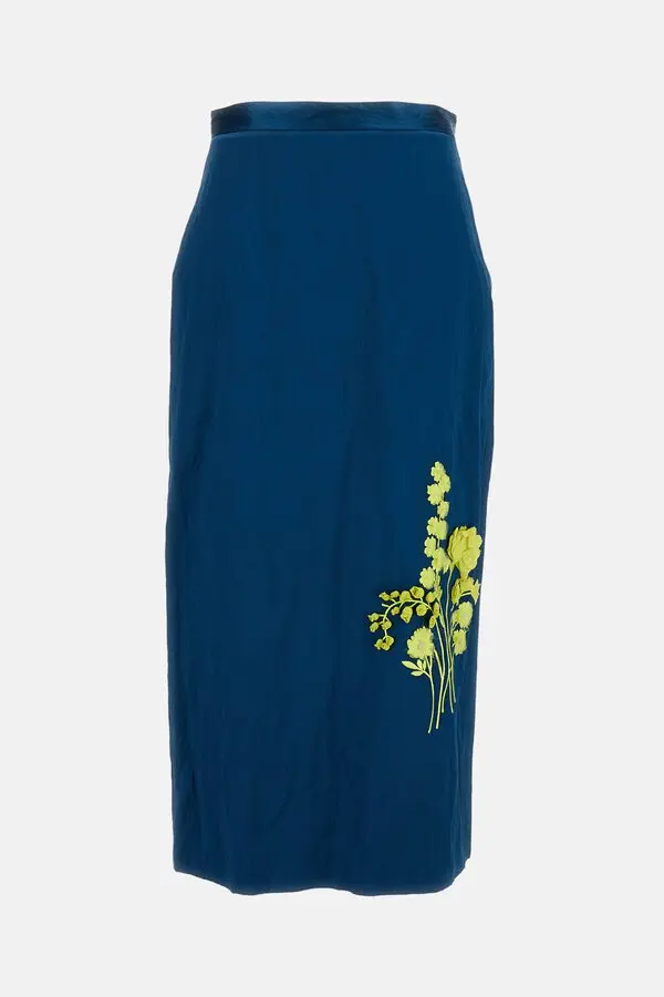 Erdem Gown Pencil Midi Dress In Satin Structured With Embroidery - Blue