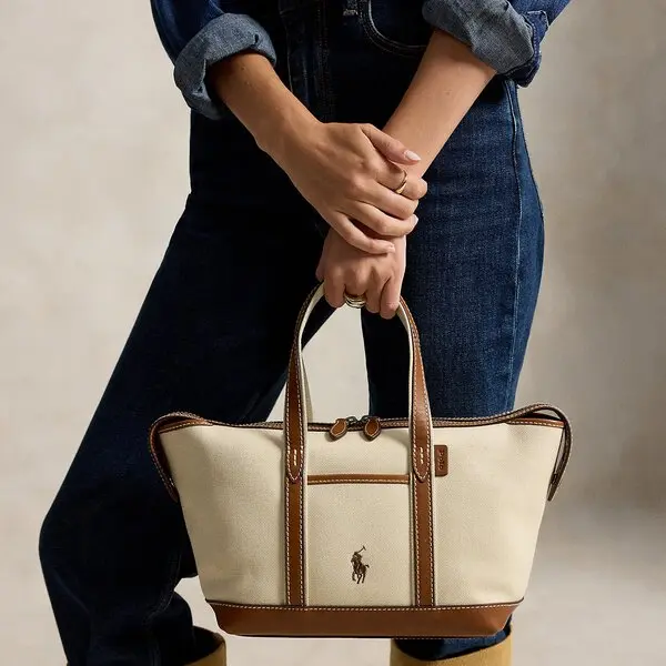 Ralph Lauren Cotton Canvas Mini Shopper Tote With Leather Trim - Ecru/cuoio