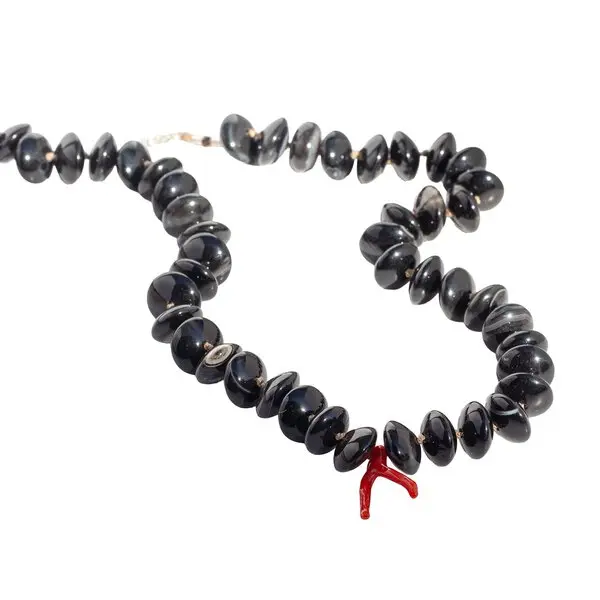 AMONTA Black Agate & Red Coral Statement Necklace - Black/red/silver