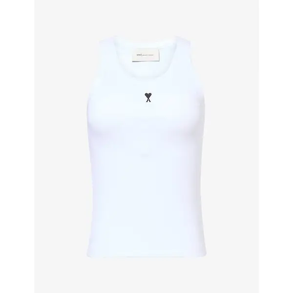 AMI Paris Logo-embroidered Stretch-rib Cotton Tank Top - Blanc