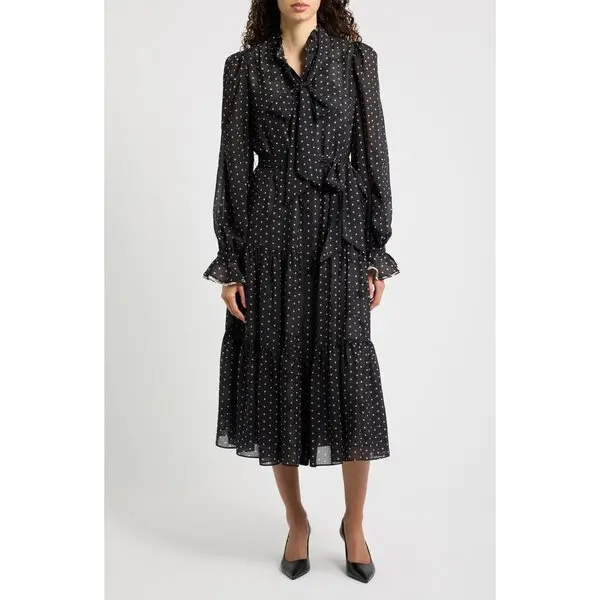 Kobi Halperin Erin Tie Waist Long Sleeve Midi Dress - Black Multi