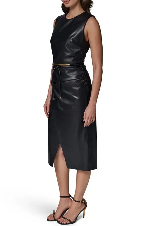 Donna Karan New York Sleeveless Faux Leather Midi Dress With Belt
