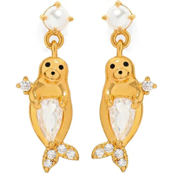 GIRLS CREW Seal Drop Earrings With Cubic Zirconia And Imitation Pearl - Gold