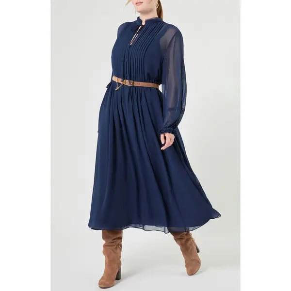 Marina Rinaldi Long Sleeve Pintuck Pleat Silk Georgette Dress