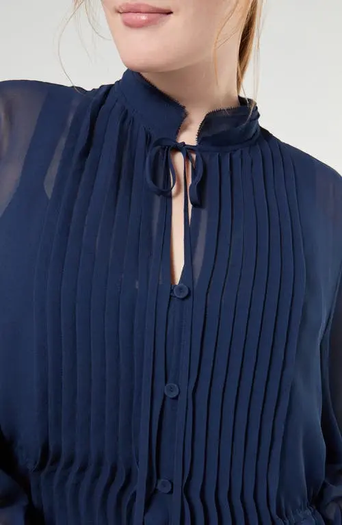 Marina Rinaldi Long Sleeve Pintuck Pleat Silk Georgette Dress