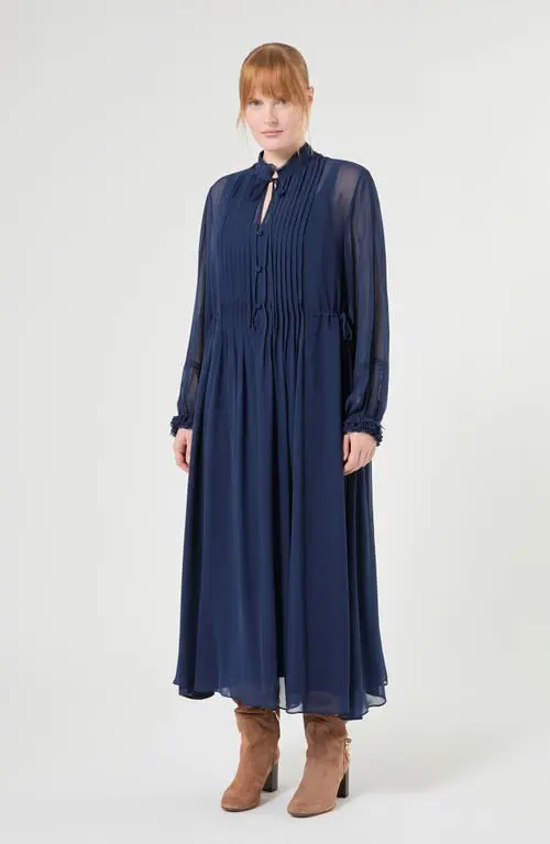 Marina Rinaldi Long Sleeve Pintuck Pleat Silk Georgette Dress