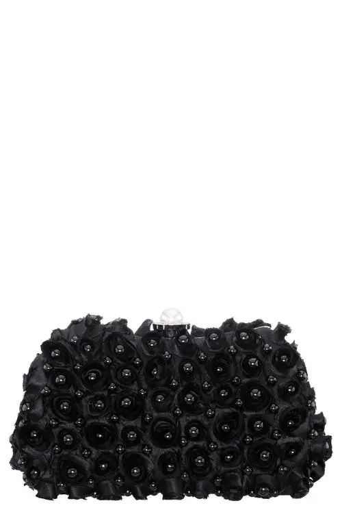 Nina Paloma Rosette Imitation Pearl Frame Clutch - Black