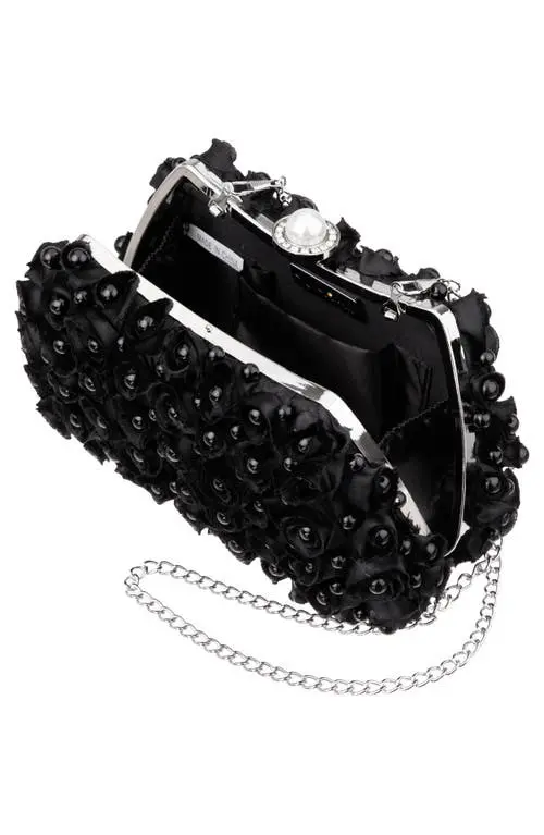 Nina Paloma Rosette Imitation Pearl Frame Clutch - Black