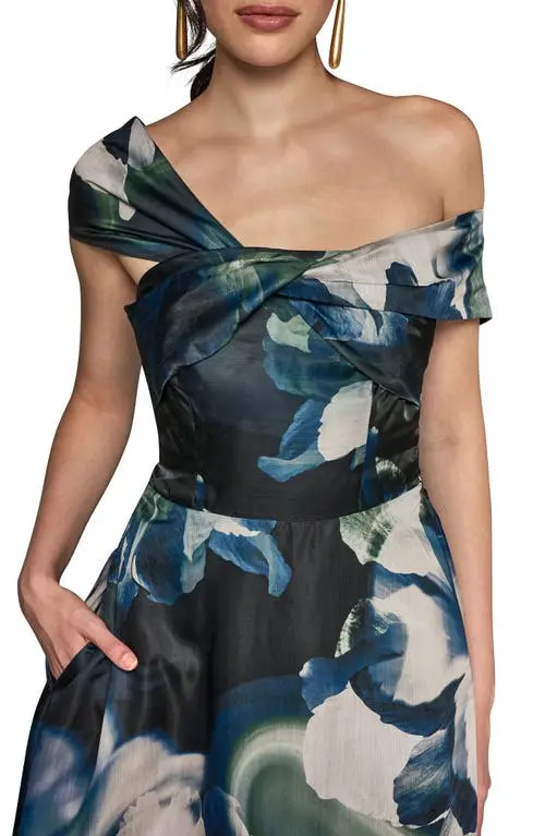 Donna Karan New York Asymmetric Neck Floral Fit & Flare Maxi Dress