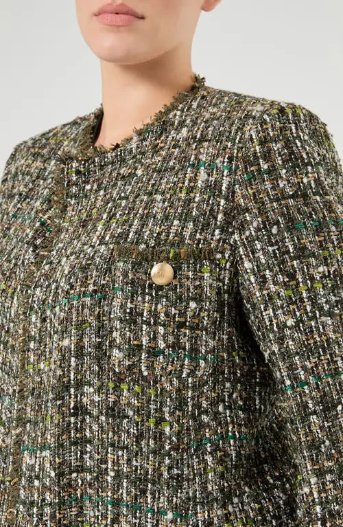 Marina Rinaldi Collarless Tweed Jacket With Fringed Edges And Goldtone Buttons