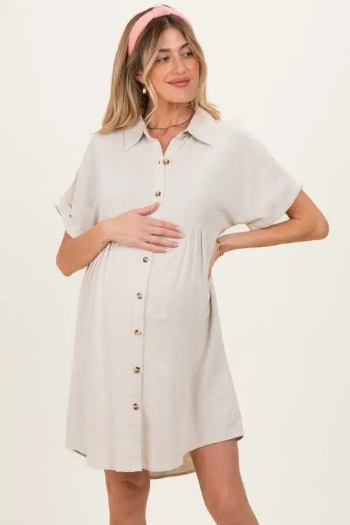 PINKBLUSH Dolman Sleeve Linen Shirt Dress - Cream