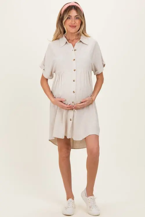 PINKBLUSH Dolman Sleeve Linen Shirt Dress - Cream