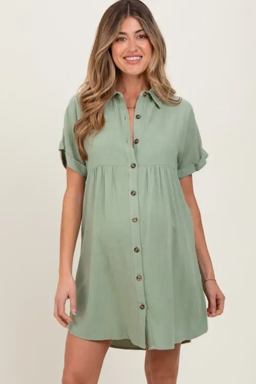 PINKBLUSH Dolman Sleeve Linen Shirt Dress - Light Olive