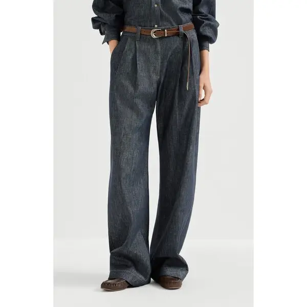 Brunello Cucinelli Sparkling No-fade Loose Curved Trousers With Monili - Denim