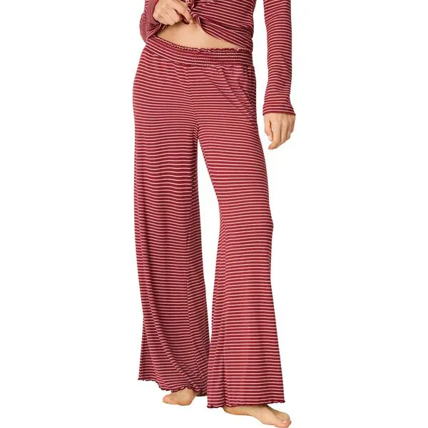 PJ Salvage Striped Lounge Pants With Smocked Waist And Lettuce-edge Hems - Dark Wine