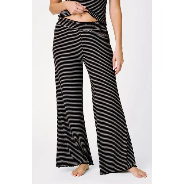 PJ Salvage Striped Lounge Pants With Smocked Waist And Lettuce-edge Hems - Onyx