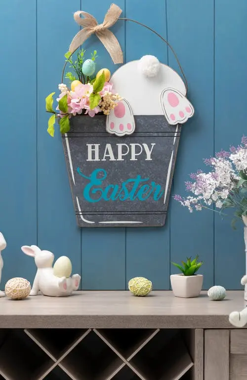 GLITZHOME 18"h Easter Wooden Bunny Eggs Door Hanger
